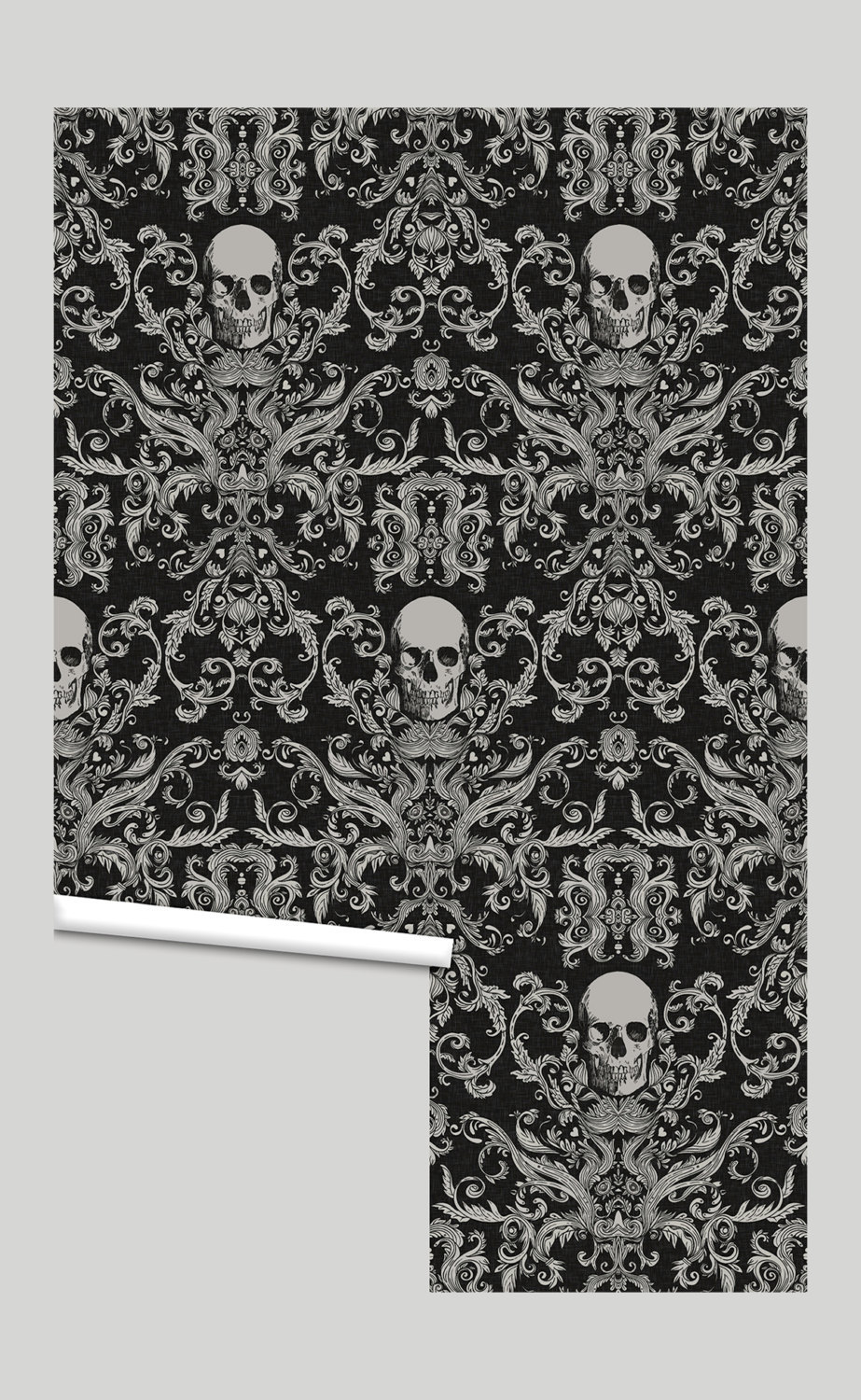 Macabre Skull Damask | Black | Wallpaperie